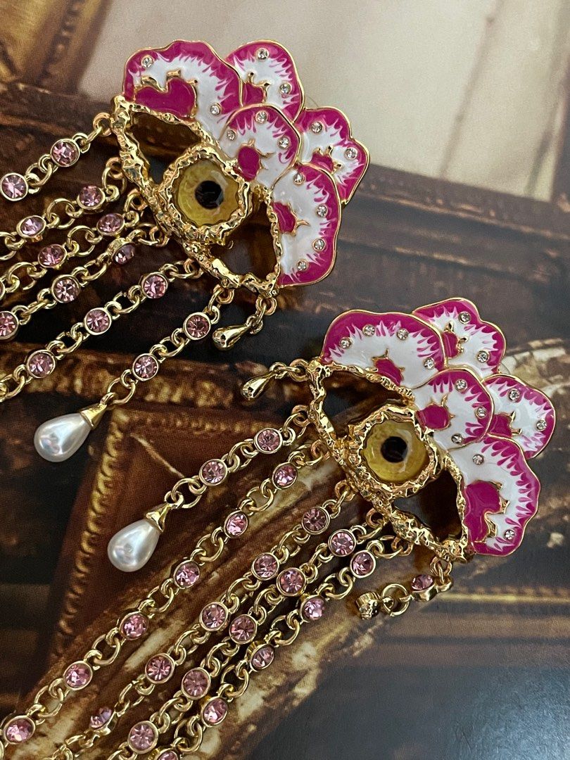 Signed Schiaparelli Pink Pansy Crystal Fringe Earrings, Women's Fashion ...