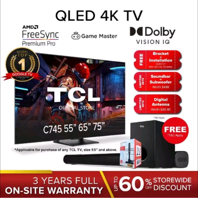 TCL C745 QLED 4K Google TV 55 65 75, TV & Home Appliances, TV ...