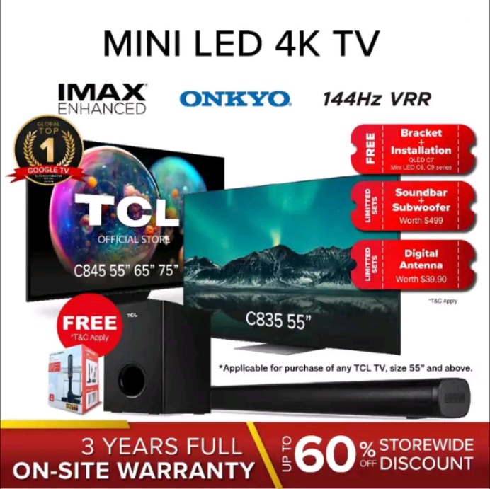 TCL C845 Mini LED 4K TV 55 65 75, TV & Home Appliances, TV ...