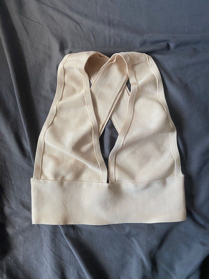 V neck plunging neck top cream beige backless top, Women's Fashion ...