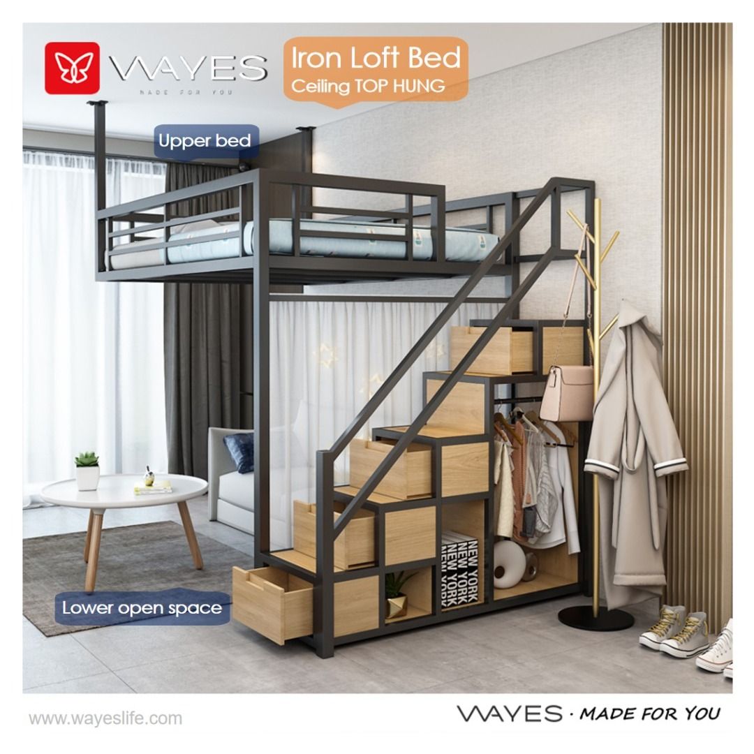 Ceiling Top Hung Iron Loft Bed with Storage Staircase Super Single and ...