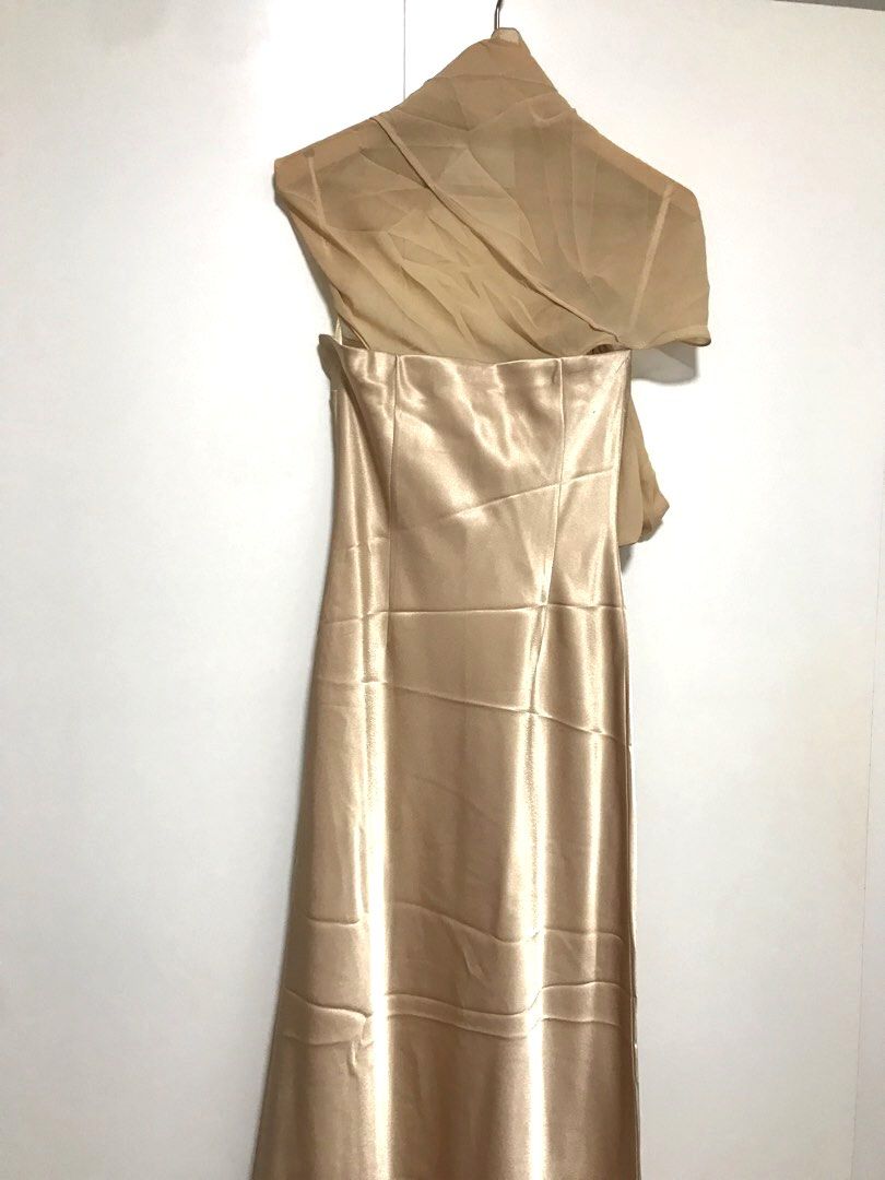 Daniel yam gold silky satin tube gown with chiffon attached shawl ...