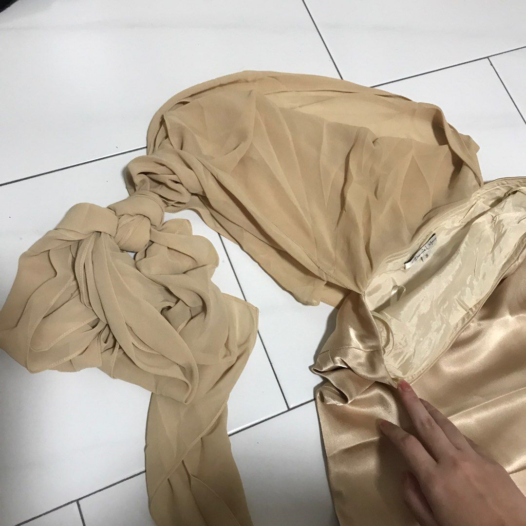 Daniel yam gold silky satin tube gown with chiffon attached shawl ...