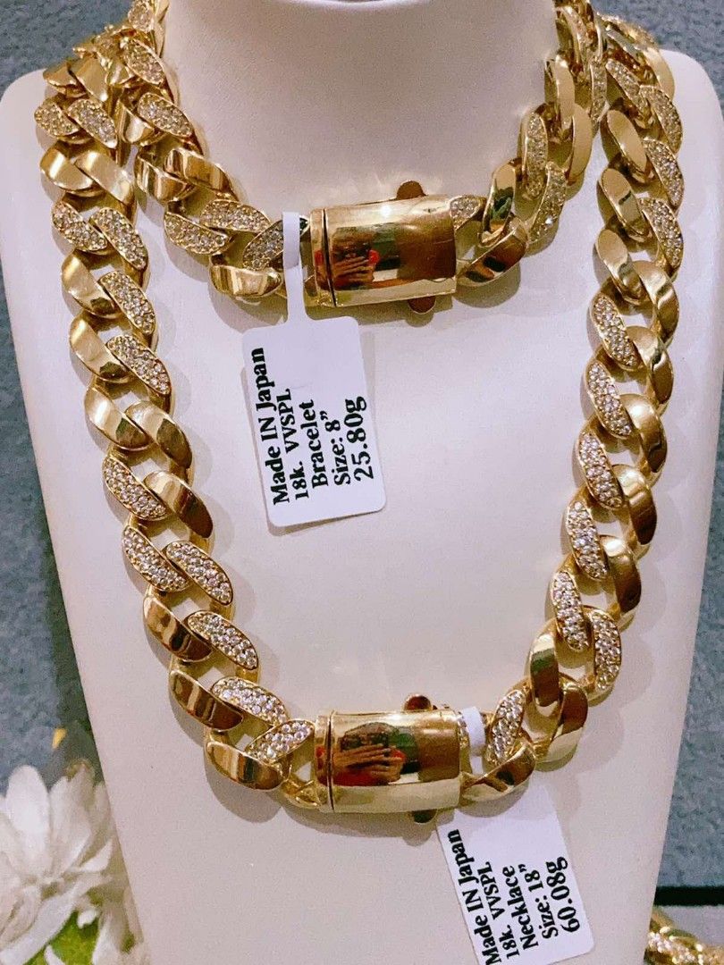 Half sided stoned chain monaco necklace 18k gold, Women's Fashion ...