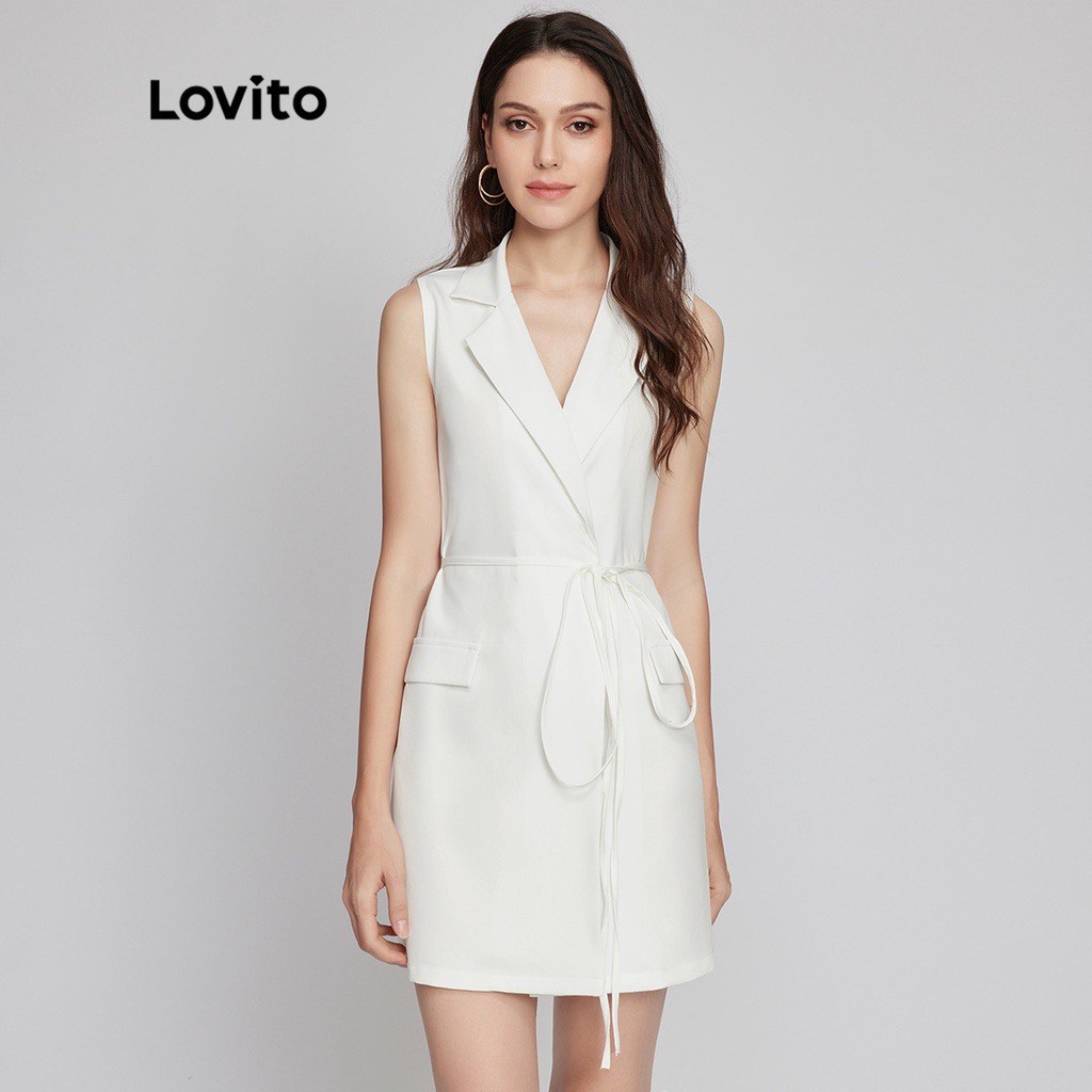 LOVITO PREMIUM white overlap collared belted semi formal dress, Women's ...