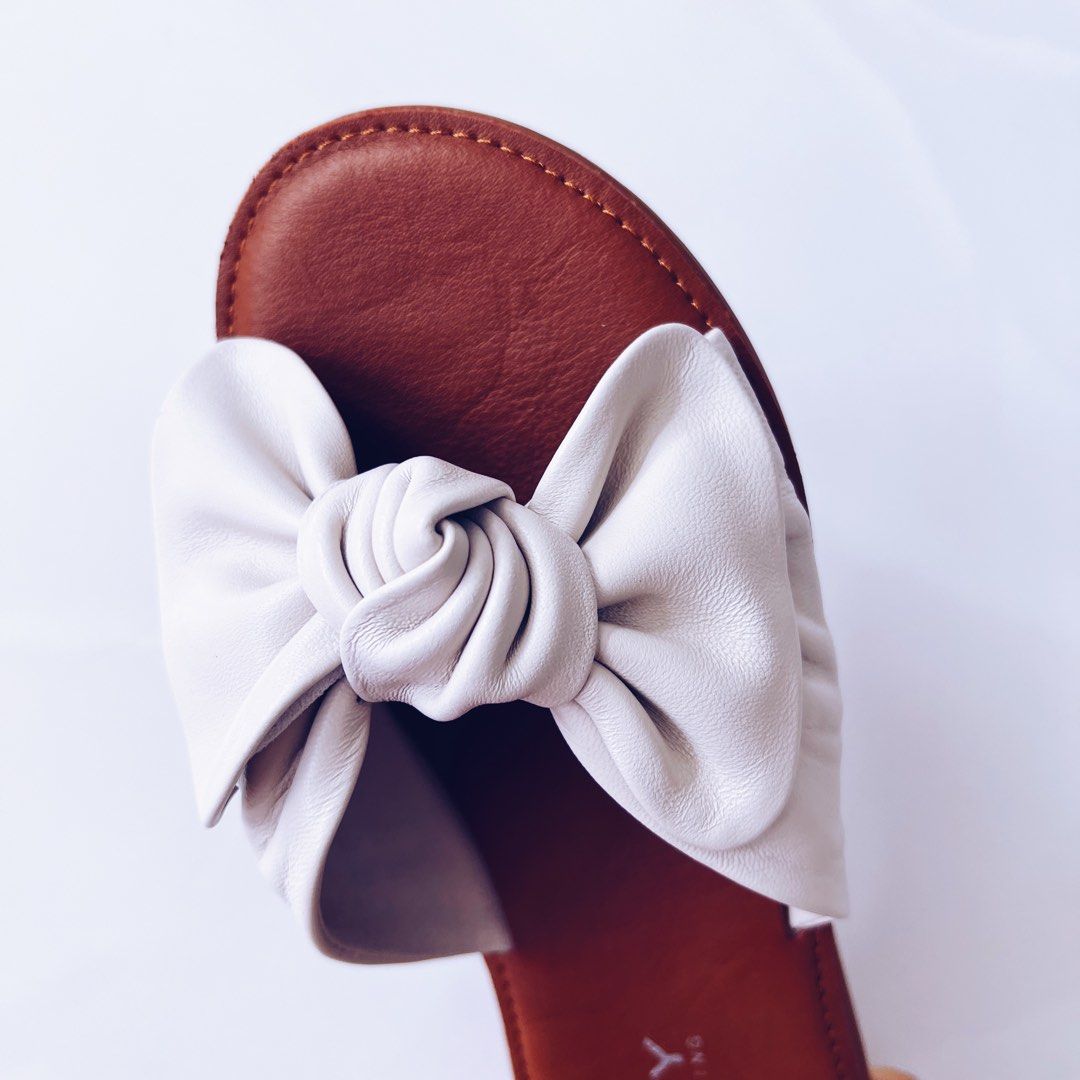 MAGY White Leather Ribbon Bow Slides, Women's Fashion, Footwear ...