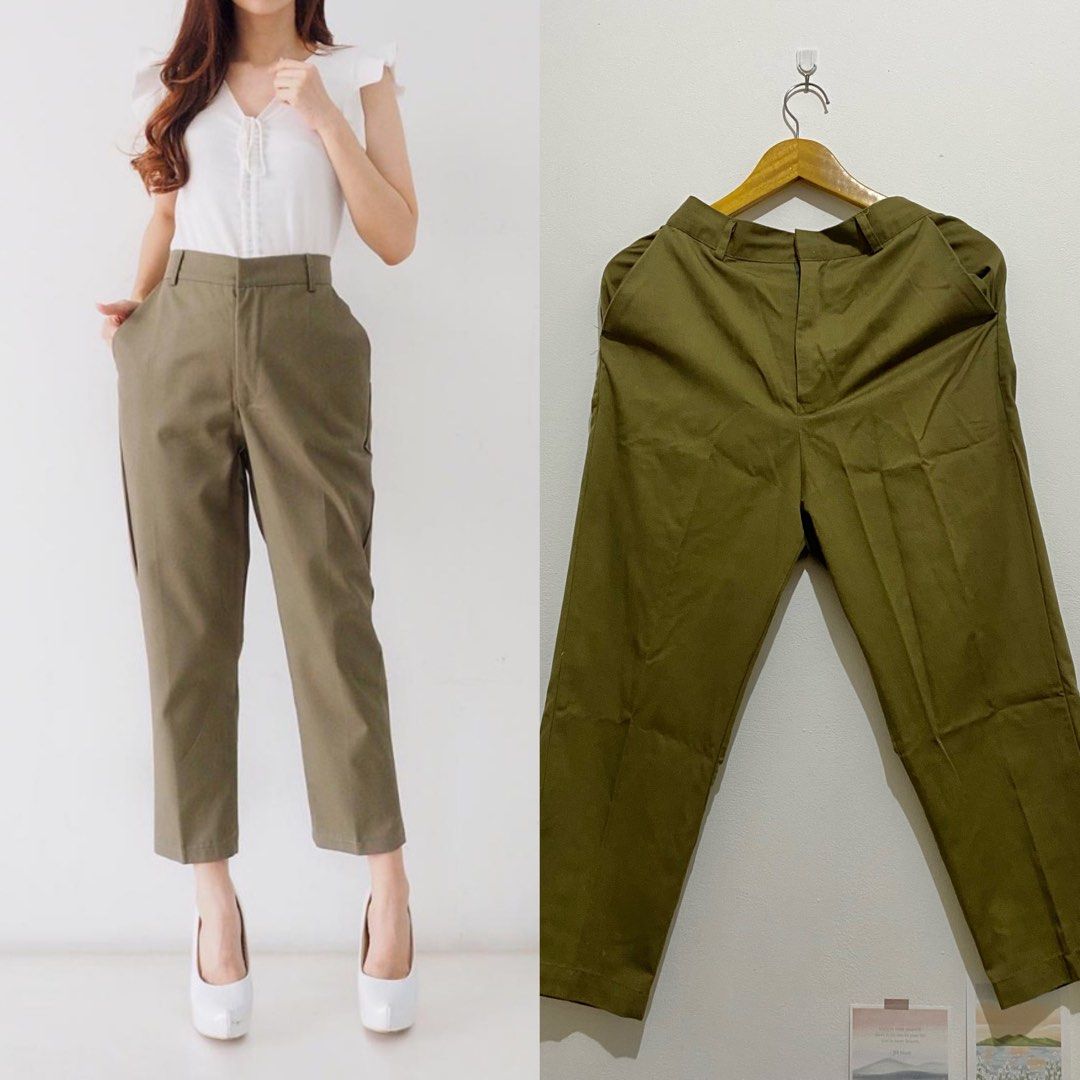 preloved celana bahan wanita hijau army | baggy pants | celana kerja ...
