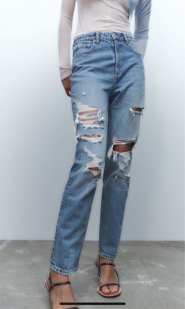 Zara Ripped Mom TRF Jeans, Women's Fashion, Bottoms, Jeans on Carousell