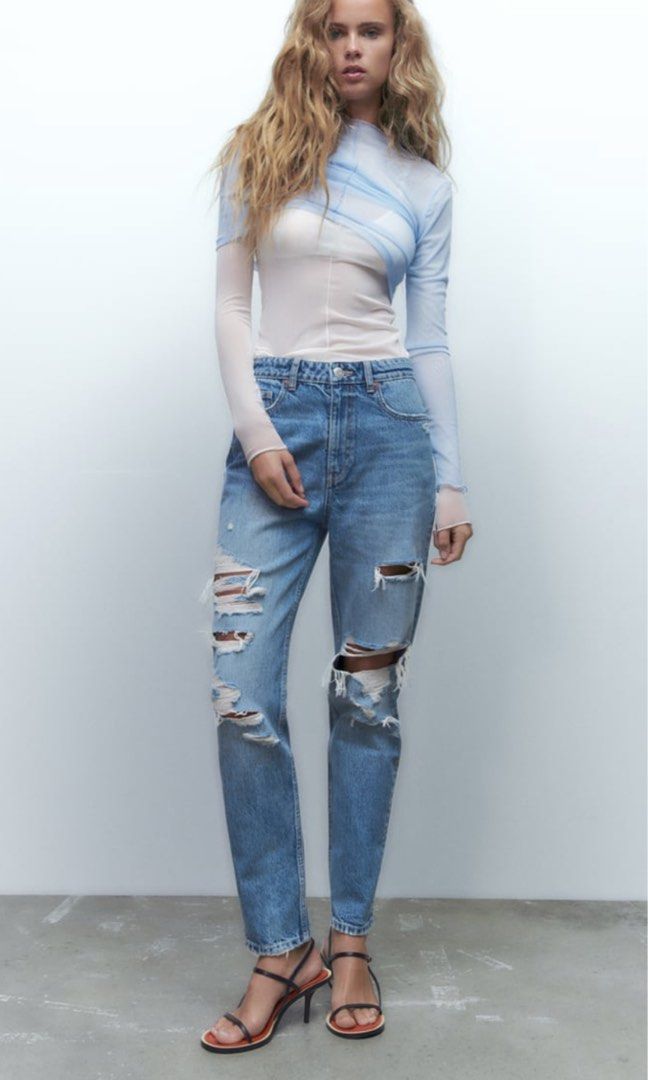 Zara Ripped Mom TRF Jeans, Women's Fashion, Bottoms, Jeans on Carousell
