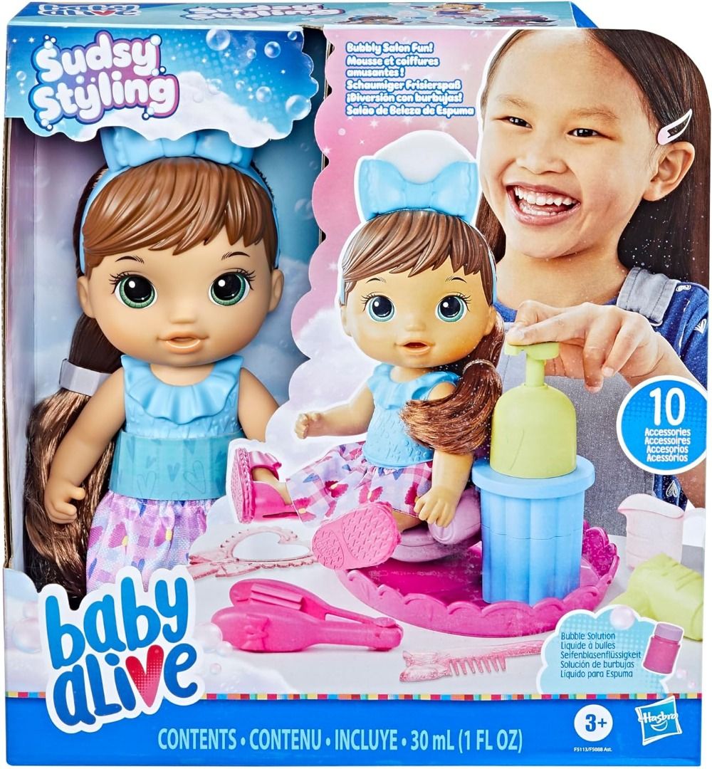 Baby Alive Sudsy Styling Doll, Brown Hair, Includes 12-Inch, Salon ...