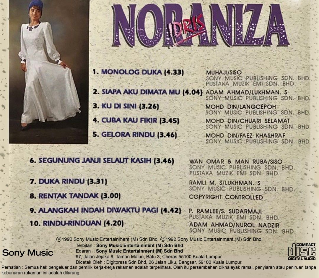 CDR NORANIZA IDRIS_monolog Duka 1992 Sony Music Entertainment, Hobbies & Toys, Music & Media ...