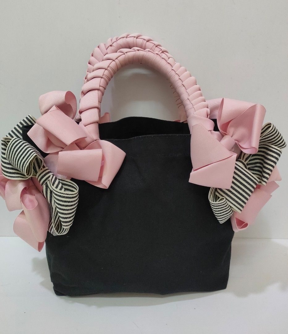 Japan Maiko Handmade Black x Pink Ribbon Tote Bag, Women's Fashion ...