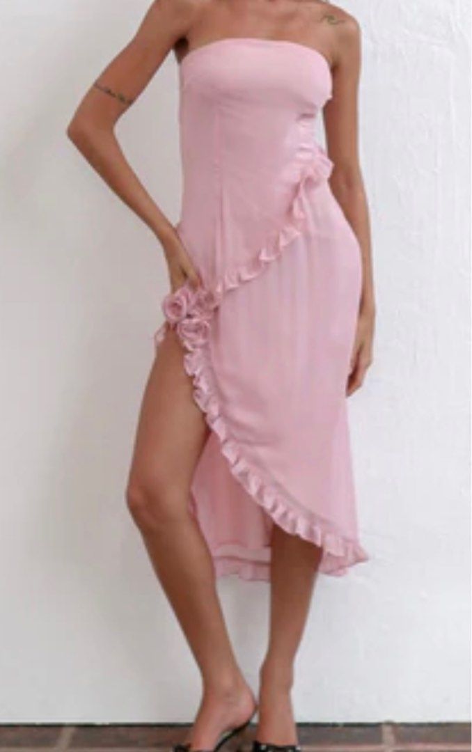 Motel rocks rosaya ruffle rosette bandeau midi dress in pink chiffon ...