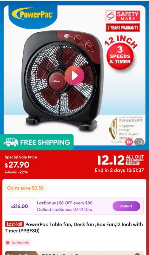 Powerpac 12 inch box fan, TV & Home Appliances, Air Conditioners ...