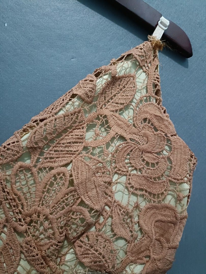 Sexy Caramel Brown Lace Overlay Cami Strap Faux Overlap Seethrough ...