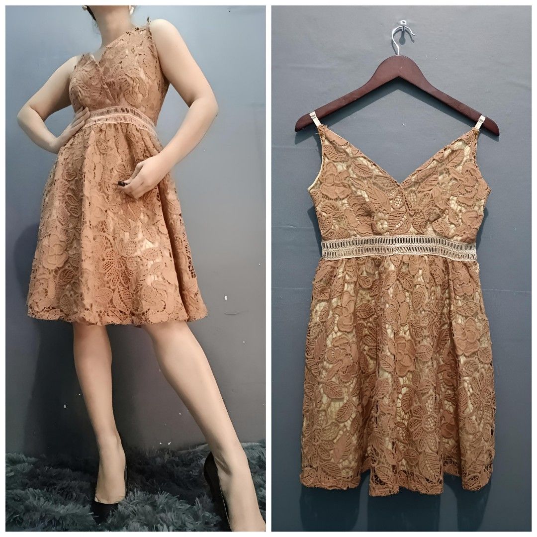 Sexy Caramel Brown Lace Overlay Cami Strap Faux Overlap Seethrough ...