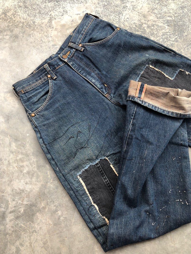 vintage patchwork wrangler selvedge jeans denim seluar rare custom, Men's Fashion, Bottoms ...