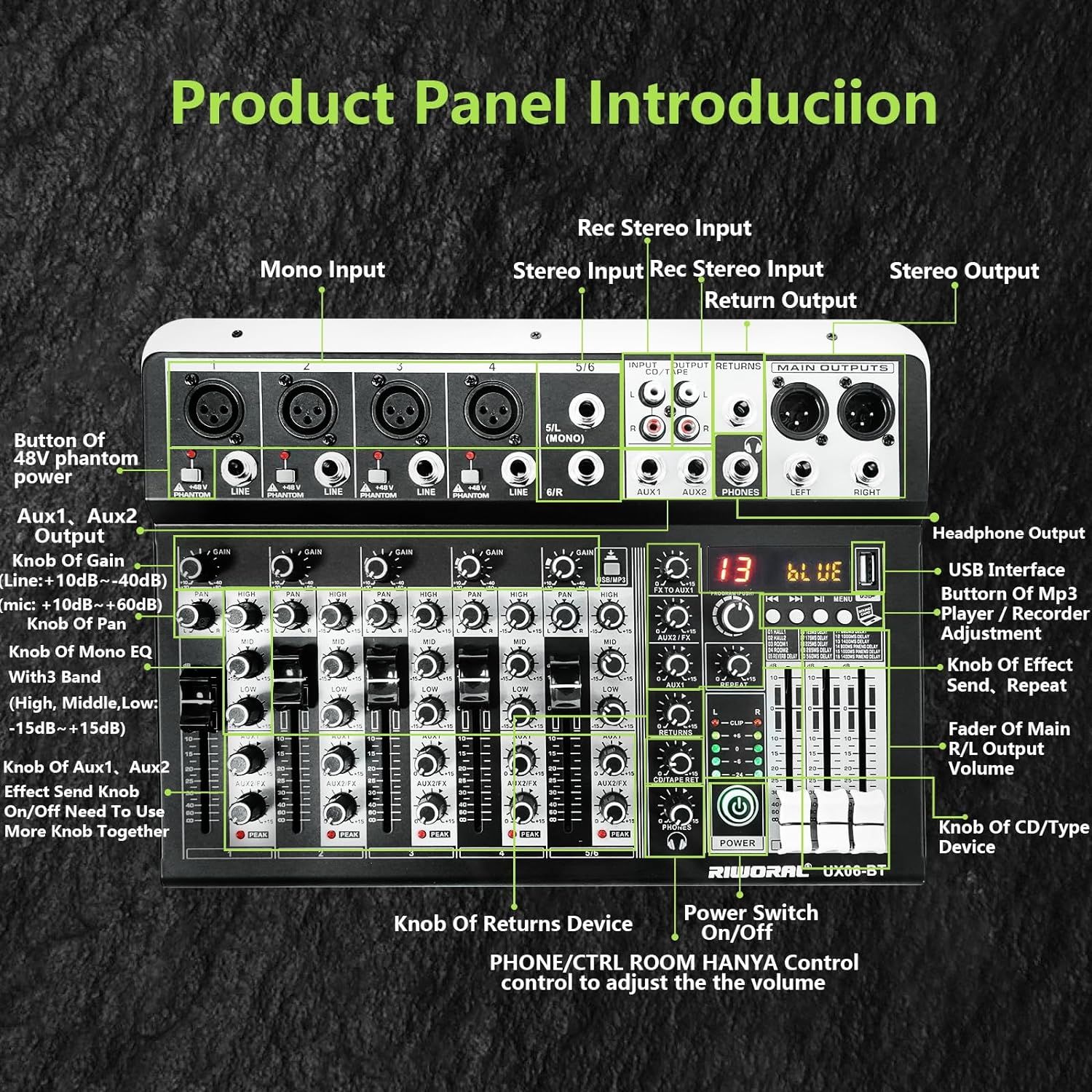 6 Channel Audio Interface Sound Board Mixing Console 16-Bit DSP DJ ...