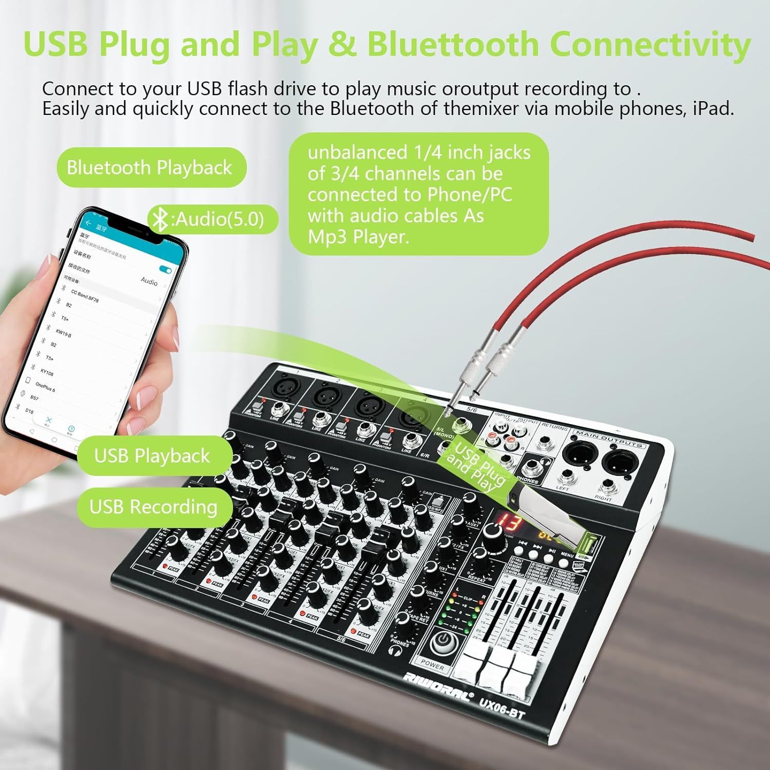 6 Channel Audio Interface Sound Board Mixing Console 16-Bit DSP DJ ...