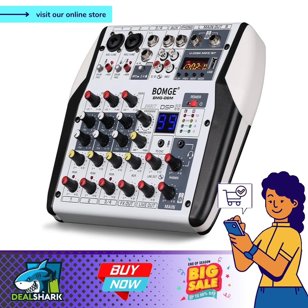 BOMGE Professional 6/8 Channel Bluetooth DJ Audio Mixer Controller with USB Audio Interface, 2 ...