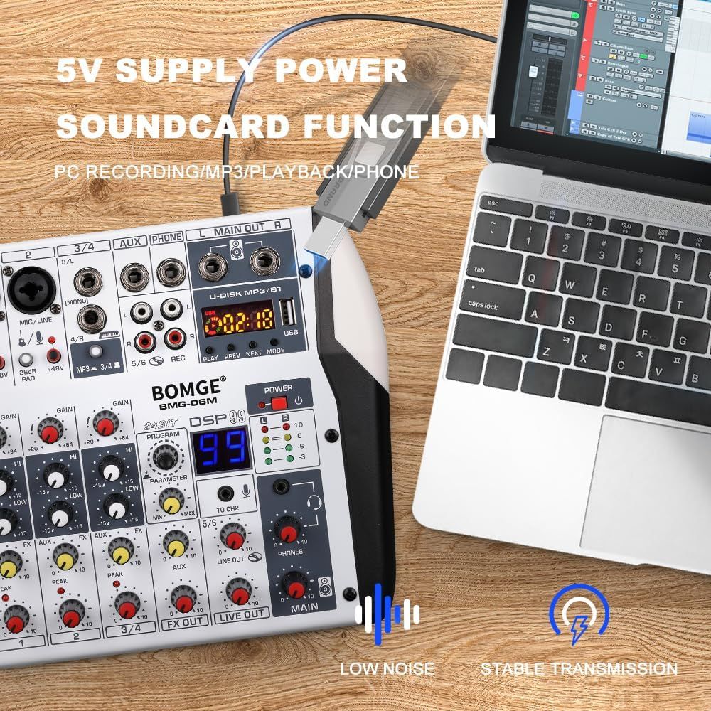 BOMGE Professional 6/8 Channel Bluetooth DJ Audio Mixer Controller with USB Audio Interface, 2 ...