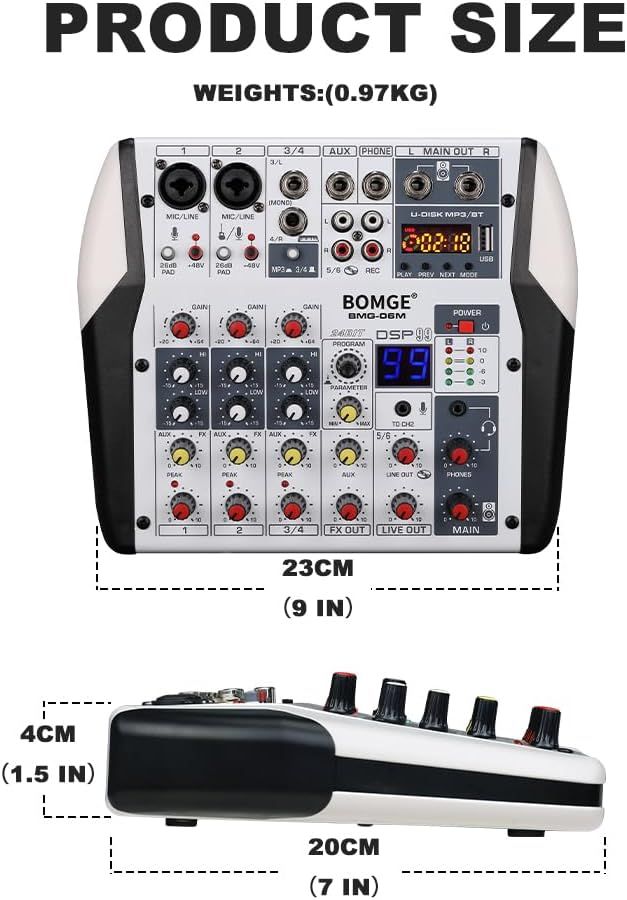 BOMGE Professional 6/8 Channel Bluetooth DJ Audio Mixer Controller with USB Audio Interface, 2 ...