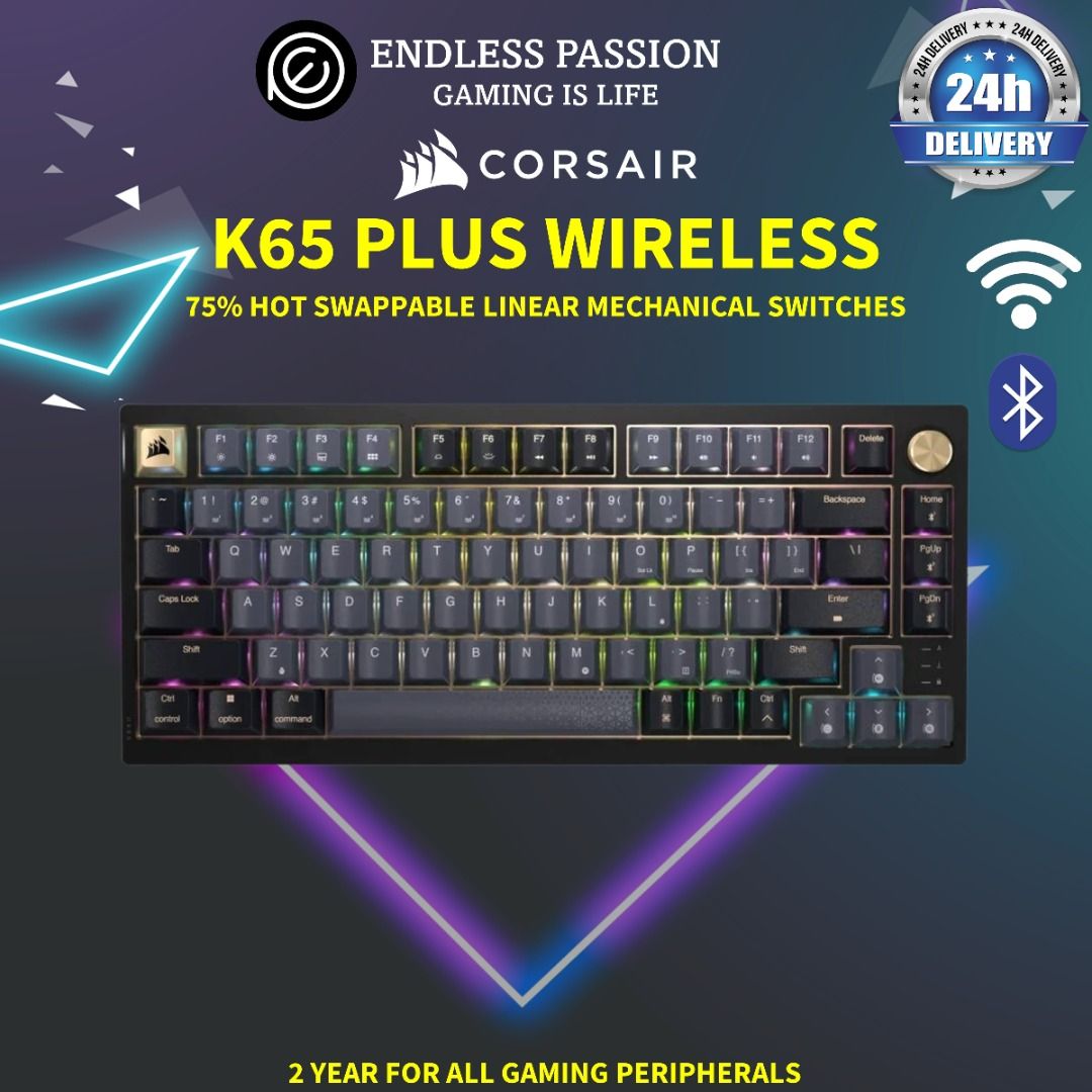 CORSAIR K65 PLUS WIRELESS RGB 75% Gaming Keyboard - Hot Swappable Linear Mechanical Keyswitches ...