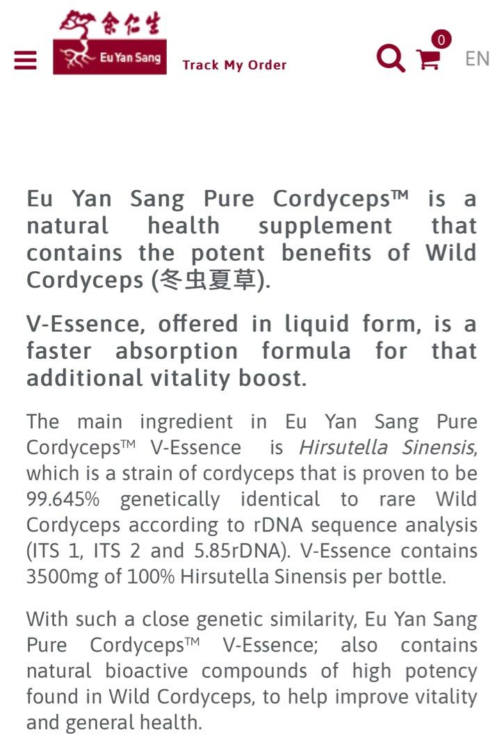 Eu Yan Sang Pure Cordyceps V-Essence, Health & Nutrition, Health ...