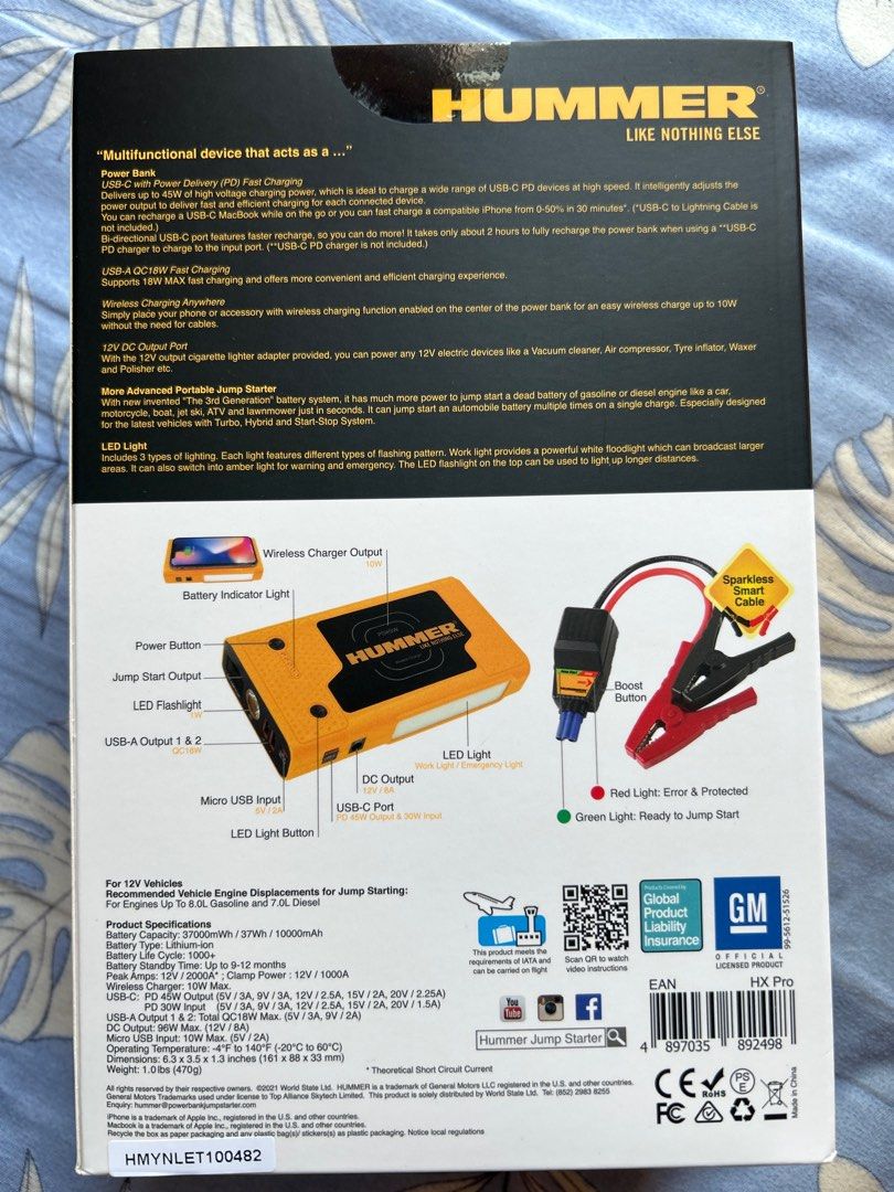 Hummer HX Pro Jump Starter + Power Bank, Car Accessories, Electronics ...