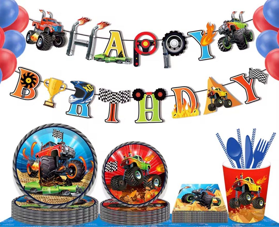 Monster Trucks Party Backdrop & Banner, Hobbies & Toys, Stationery ...