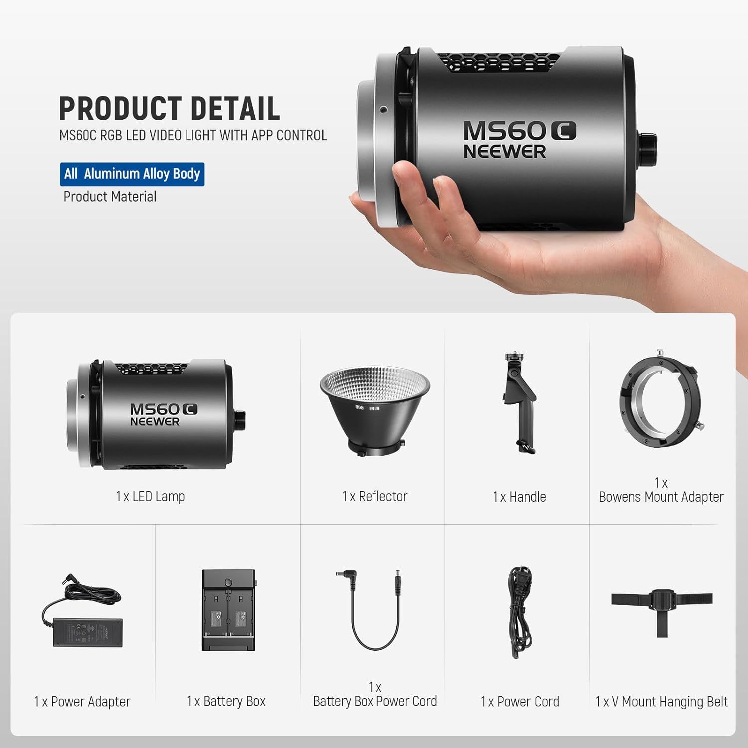 NEEWER MS60C RGBWW LED Video Light with 2.4G/APP Control, 65W Metal ...
