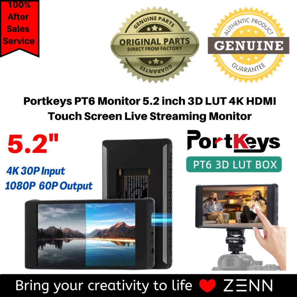 Portkeys PT6 Monitor 5.2 inch 3D LUT 4K HDMI Touch Screen Live Streaming Monitor, Photography ...