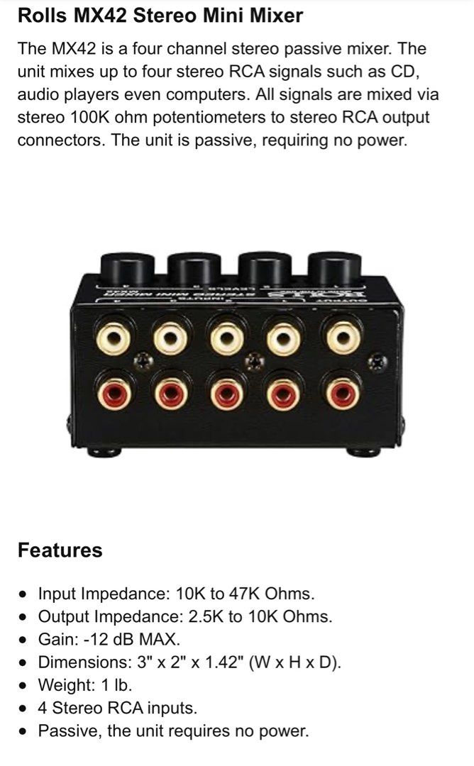 Rolls MX42 Stereo Line Mixer, Audio, Other Audio Equipment on Carousell