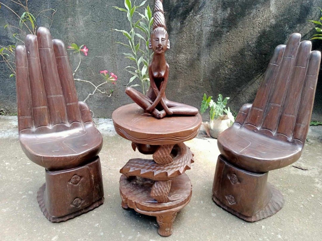 Vintage Narra Wood Palm Chairs With Center Table and Sculpture ...