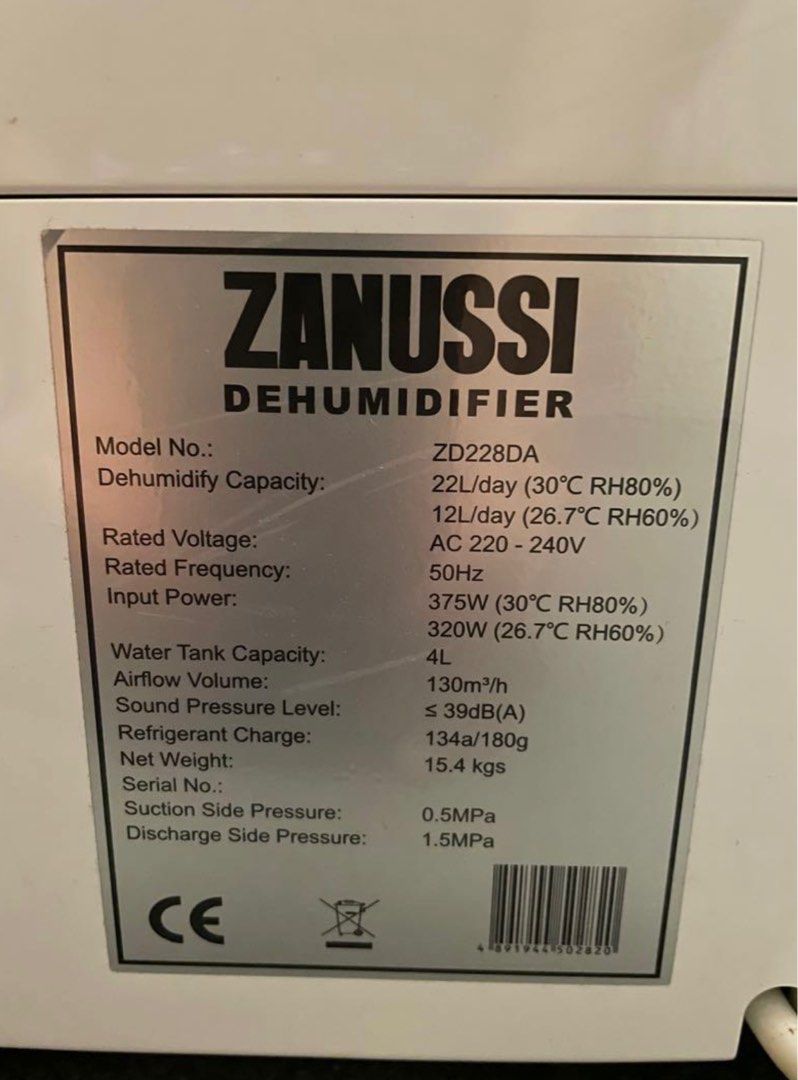 Zanussi 22L compressor type dehumidifier, TV & Home Appliances, Air ...