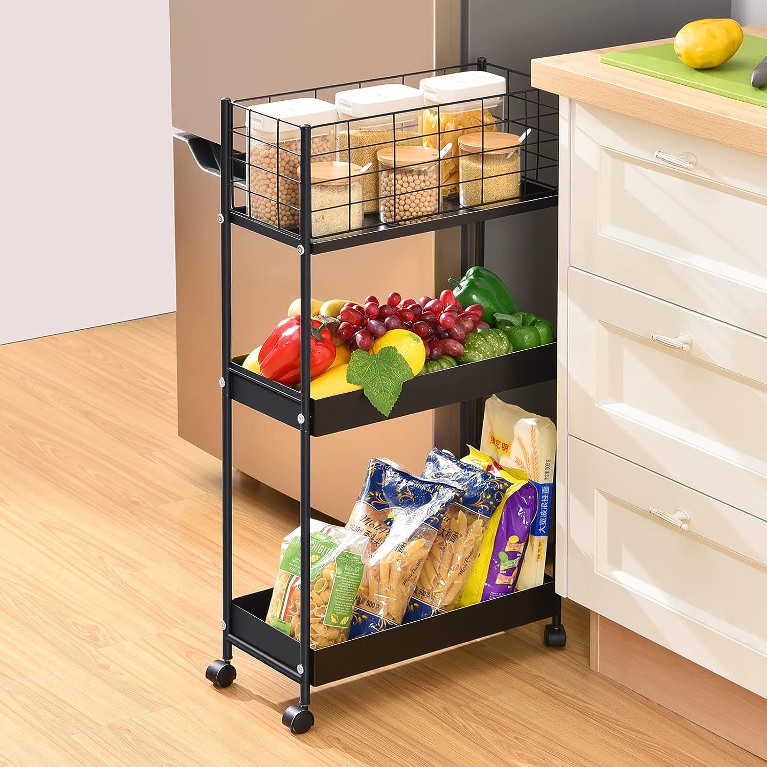 KINGRACK Slim Storage Cart,3-Tier Metal Rolling Utility Cart,Slide Out ...