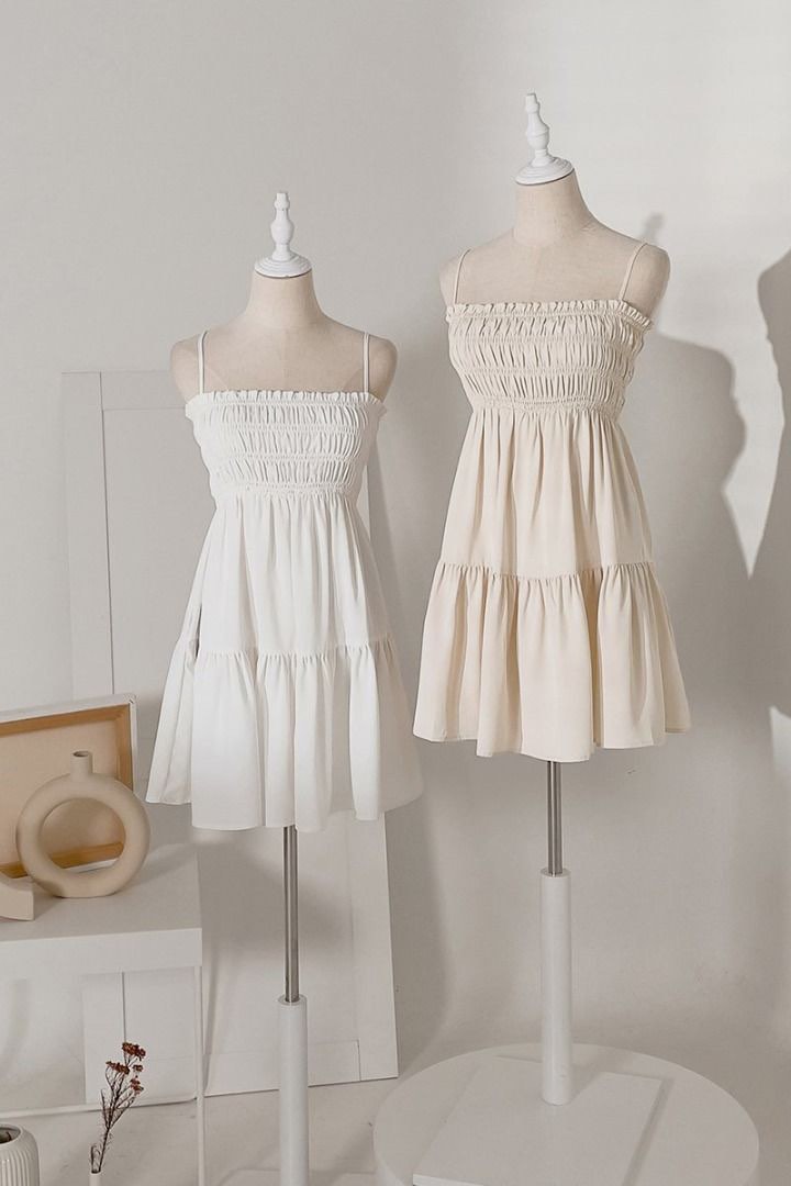 [M] Maryanne Smocked Babydoll Dress (Porcelain), Women's Fashion ...