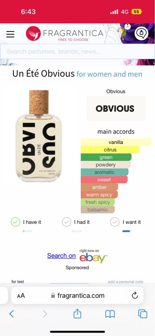 Obvious Un Ete 5ml Decant, Beauty & Personal Care, Fragrance ...