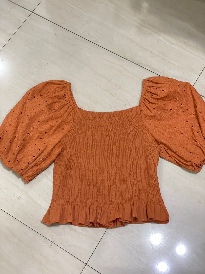 Rust Eyelet BBK Bangkok Top Square Puff Sleeves Dainty Casual OOTD ...