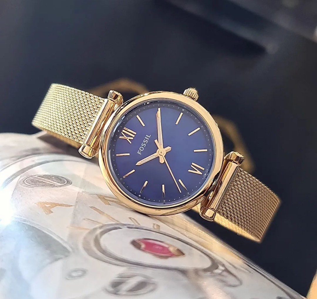 Fossil Carlie Mini Three Hand Gold Tone Stainless Steel Mesh Watch