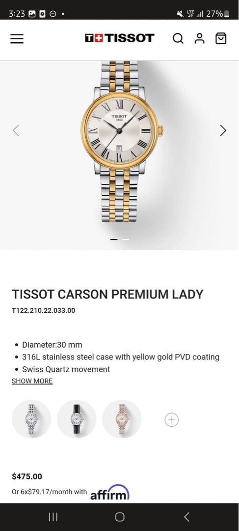 Tissot carson premium lady, Luxury, Watches on Carousell