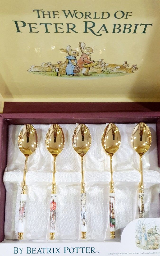 Vintage Asahi Beatrix Potter Peter Rabbit Gold Spoons Set 5 Pcs Warne ...