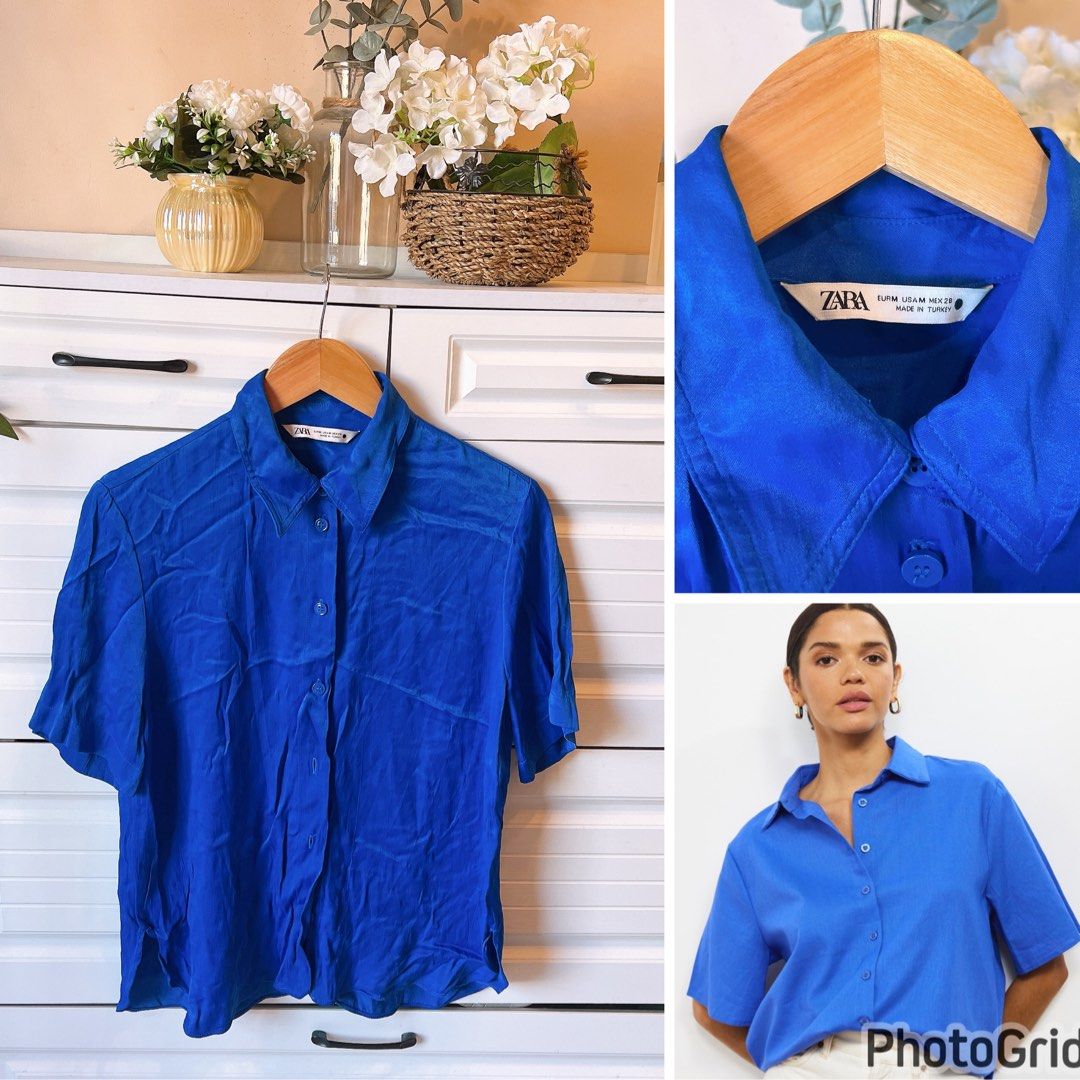 Zara Satin Royal Blue Top, Women's Fashion, Tops, Blouses on Carousell