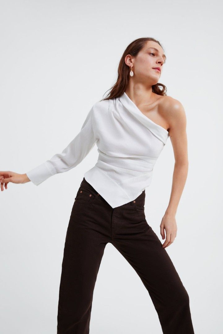 zara white one shoulder assymetrical top, Women's Fashion, Tops ...