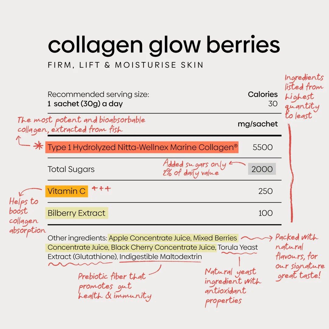 30 sachets - Collagen glow berries drink, Health & Nutrition, Health ...