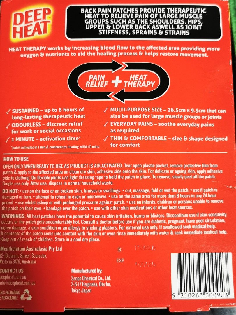 Deep Heat Back Pain Extra-Large Heat Patches, Everything Else on Carousell