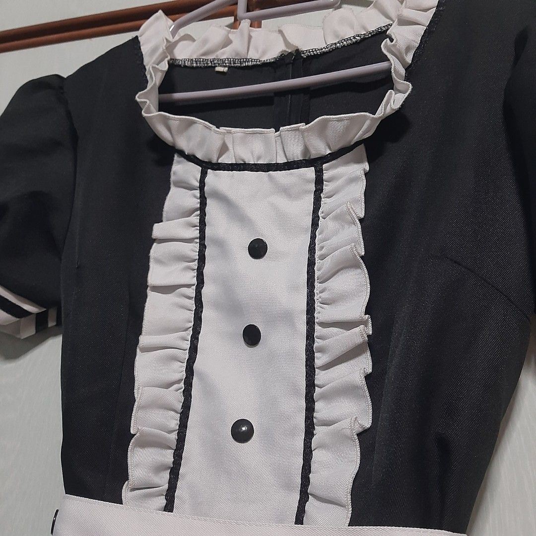Maid dress cosplay costume short sleeve frills ribbon bow (black ...
