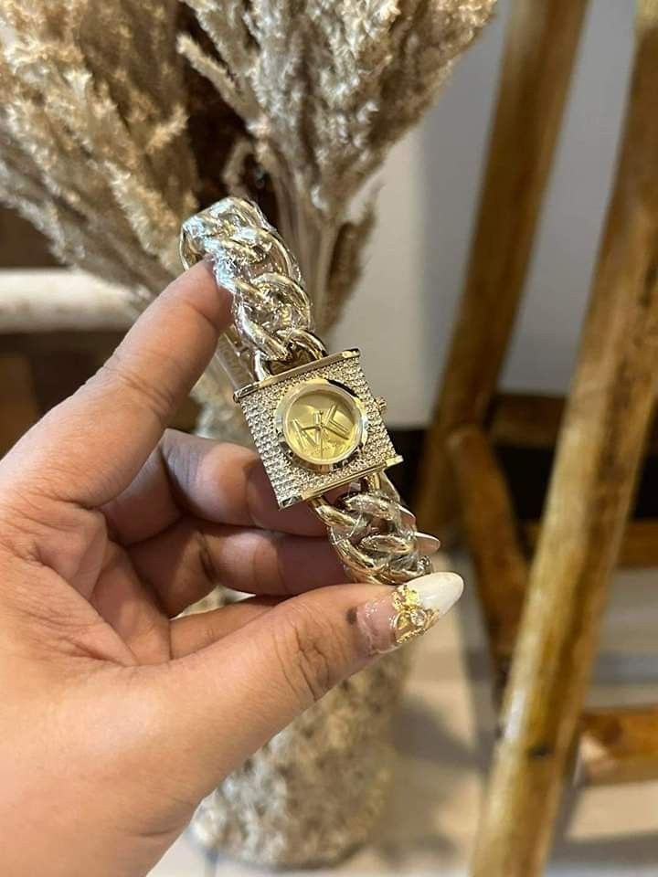 Michael Kors MK Chain Lock Three-Hand Gold-Tone Stainless Steel Watch ...