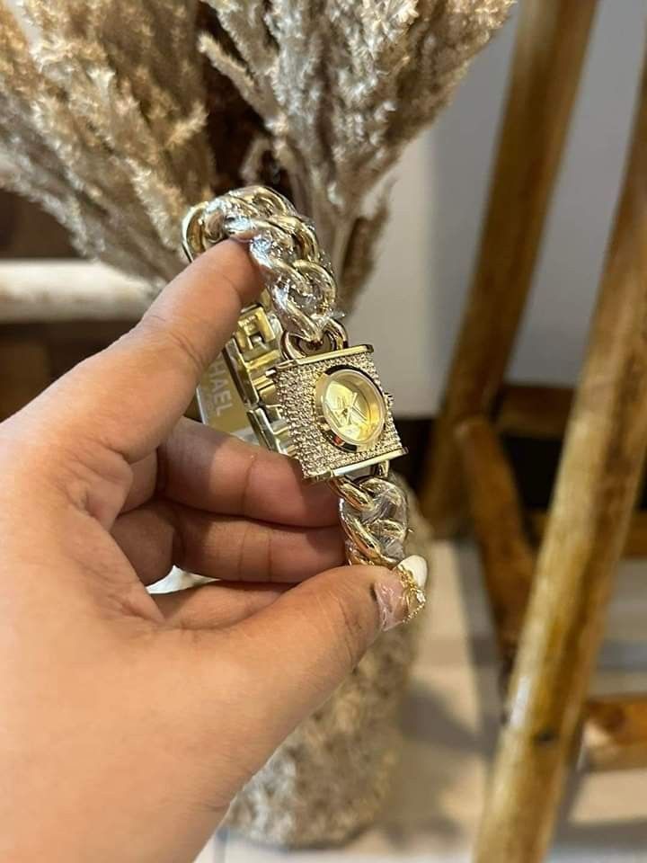 Michael Kors MK Chain Lock Three-Hand Gold-Tone Stainless Steel Watch ...