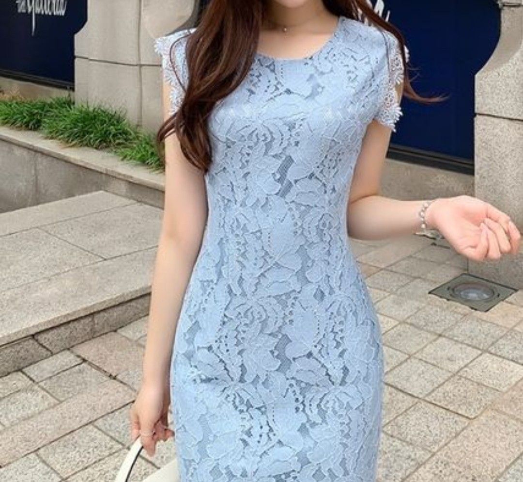SKY BLUE PATTERN DRESS ELEGANT MIDI DRESS SMALL FRAME ONLY SIDE ZIP ...